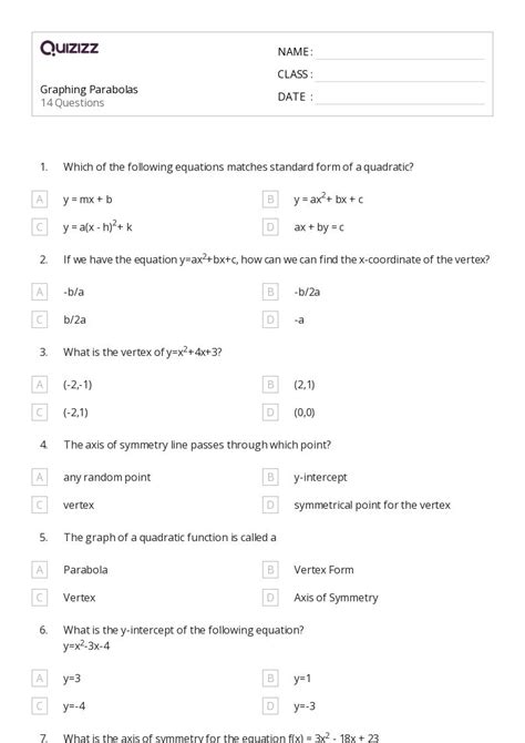 Graph With The Vertex Form Of Quadratic Functions Ck 12 Foundation Worksheets Library