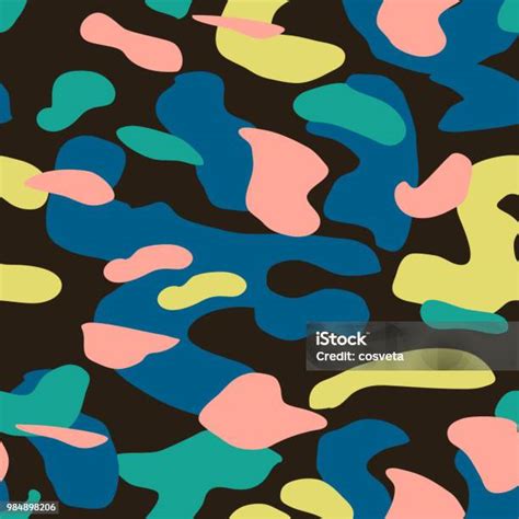 위장 패턴 배경 원활한 벡터 일러스트 레이 션 고전적인 군사 의류 스타일입니다 카 모 반복 텍스처 셔츠 인쇄입니다 핑크 블루 블랙 옐로우 네이 비 색상 해병대 텍스처 검은