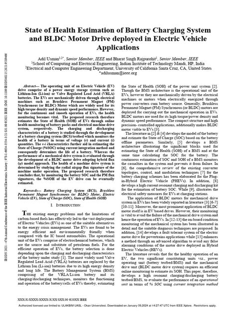 State Of Health Estimation Of Battery Charging System And Bldc Motor