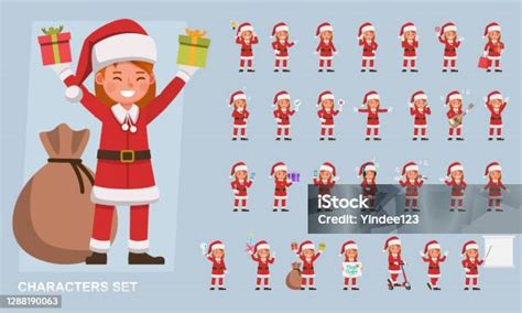 크리스마스 의상 캐릭터 벡터 디자인을 입고 아이 소녀의 세트 감정과 다양한 행동의 프리젠 테이션 12월에 대한 스톡 벡터 아트