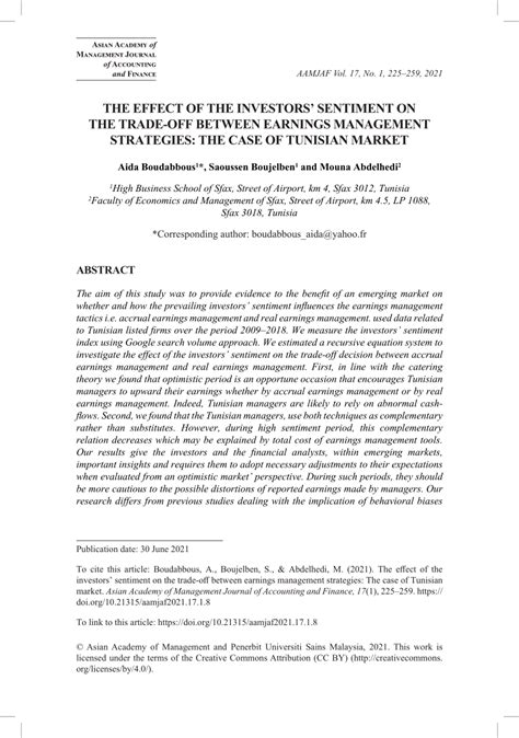 Pdf The Effect Of The Investors Sentiment On The Trade Off Between Earnings Management