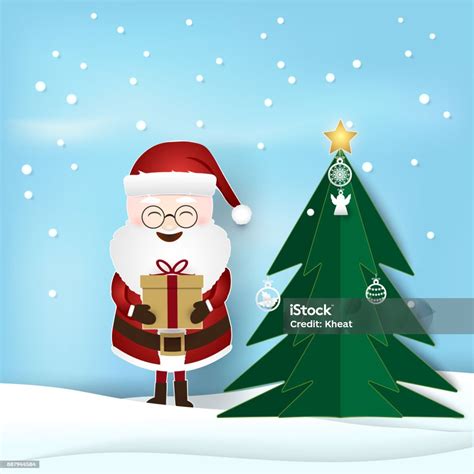 산타 선물 상자와 파인 트리 장식 들고와 크리스마스 시즌 종이 아트 일러스트 0명에 대한 스톡 벡터 아트 및 기타 이미지 0명 겨울 계절 Istock