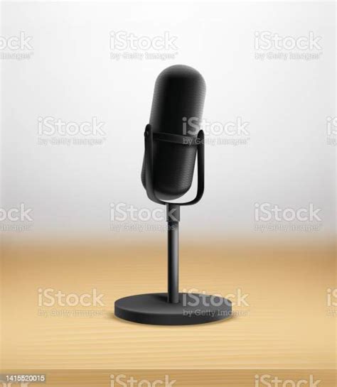 나무 테이블에 검은 라디오 마이크 벡터 3d 일러스트 레이 션 3차원 형태에 대한 스톡 벡터 아트 및 기타 이미지 3차원 형태 마이크 음성 Istock
