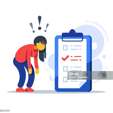 놀란 여자 할 일 목록 체크리스트 할당 작업 관리 미루는 개념 여자에 대한 스톡 벡터 아트 및 기타 이미지 여자 리스트