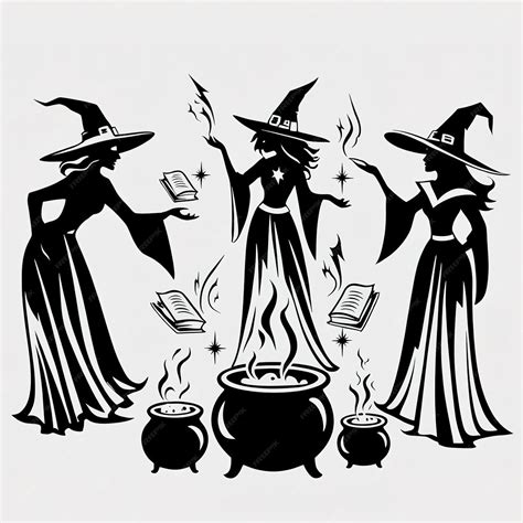 Silhouette Of Three Witches Brewing A Potion With Magic Books Halloween