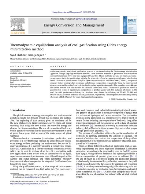 Thermodynamic Equilibrium Analysis Of Coal Gasi Cation Using Gibbs Energy Pdf Gasification