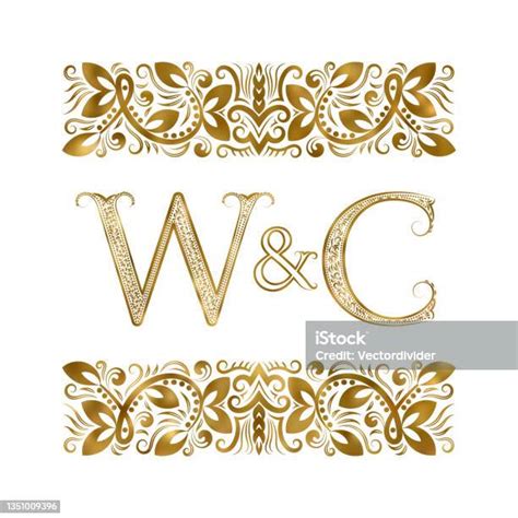 W 와 C 빈티지 이니셜 기호 문자는 장식 요소로 둘러싸여 있습니다 결혼식 또는 비즈니스 파트너 로얄 스타일의 모노그램 알파벳 C에 대한 스톡 벡터 아트 및 기타 이미지