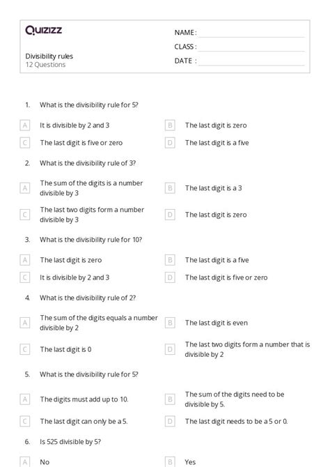 50 Divisibility Rules Worksheets For 6th Class On Quizizz Free