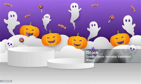 호박 사탕 및 유령 요소가있는 할로윈을위한 연단의 벡터 일러스트 레이 션 10월에 대한 스톡 벡터 아트 및 기타 이미지 10월 3차원 형태 강단 Istock