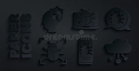 Set System Bug On Mobile Internet Of Things Monitor And Head With Shield Icon Vector Stock