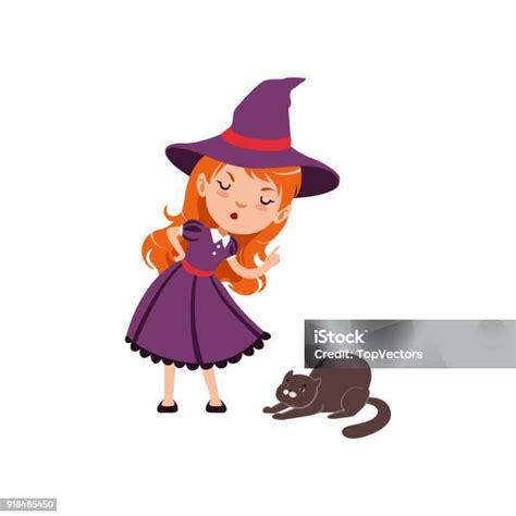 성 난 빨간 머리 소녀 마녀 보라색 드레스와 모자를 착용 웃는 아이 캐릭터 의상에서 고양이 실무 간 계 또는 치료 할로윈 개념 벡터 평면 만화 그림 흰색 절연 건강관리와