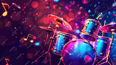 A Colorful Illustration Of A Drum Set With Glowing Cymbals And Drums