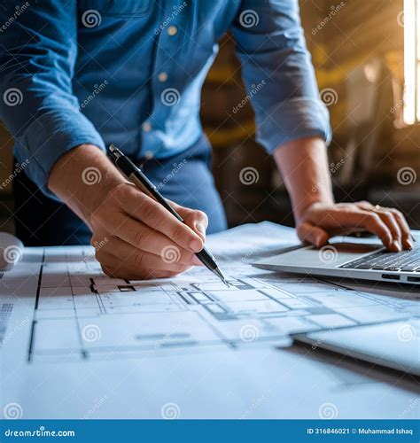 Hands Of Engineer Working On Blueprint Architecture Interior Concept Photo Stock Illustration