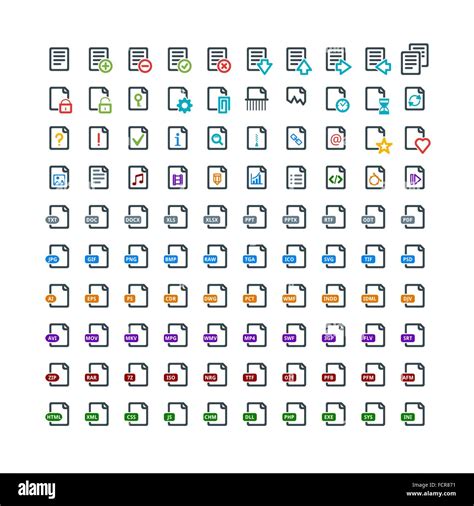 Set Of 100 Document Colored Icons File Extension File Types Operations With Documents Stock
