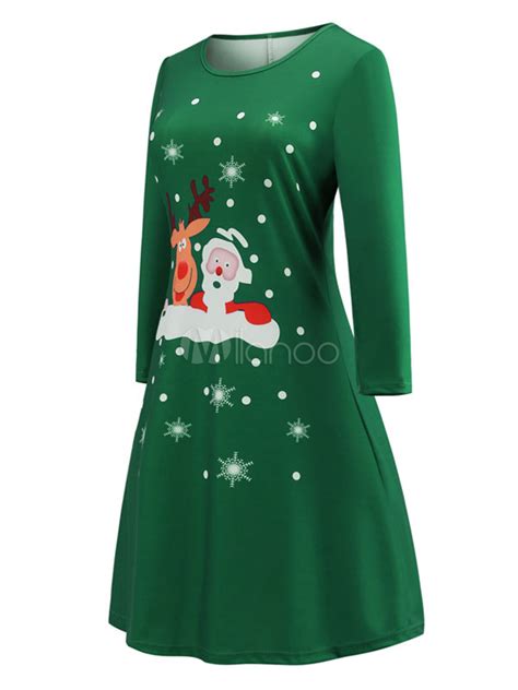 Vintage Dress Womens Christmas Pattern Jewel Neck Long Sleeve 1950s