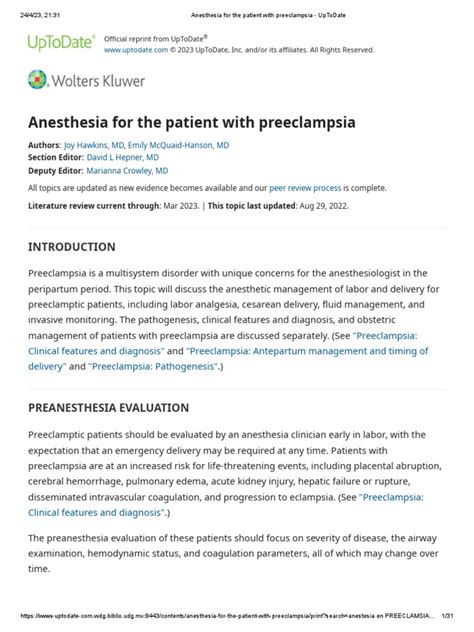 Anesthesia For The Patient With Preeclampsia Uptodate Pdf