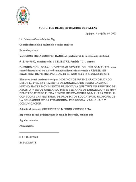 Solicitud De Justificación De Faltas Pdf