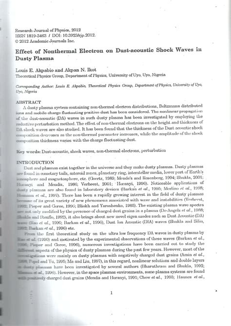 Pdf Effect Of Nonthermal Electron On Dust Acoustic Shock Waves In Dusty Plasma