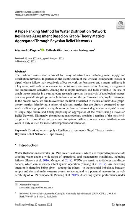 Pdf A Pipe Ranking Method For Water Distribution Network Resilience