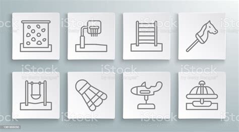 세트 라인 스윙 농구 백보드 배드민턴 셔틀콕 비행기 어트랙션 회전 목마 스웨덴 벽 장난감 말과 등반 아이콘 벡터 건강한 생활방식에 대한 스톡 벡터 아트 및 기타 이미지