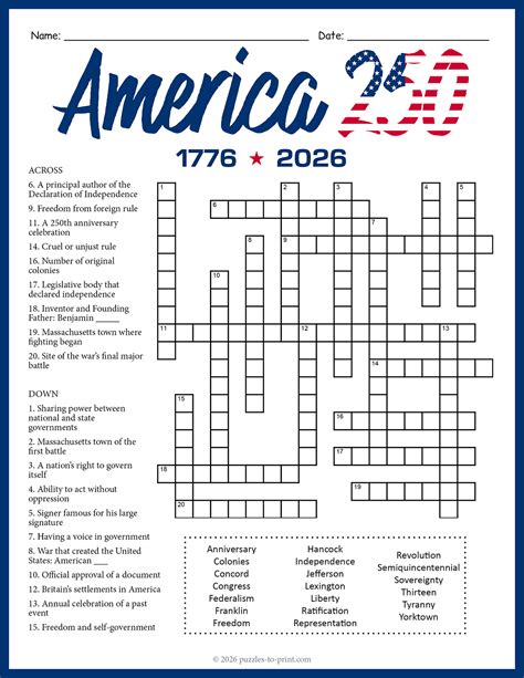 America 250 Crossword Free Printable Activity