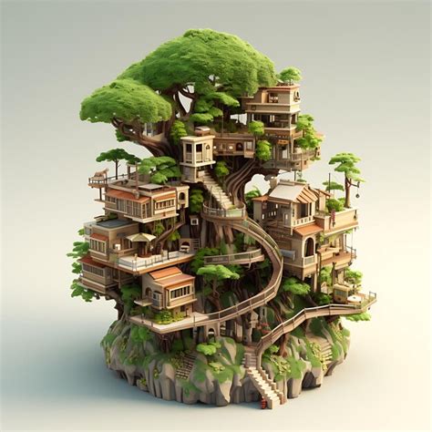 Premium Ai Image 3d Rendering Of Treehouse City Isometric Miniature
