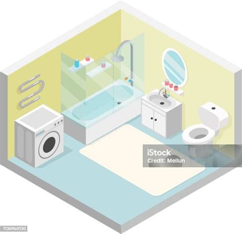 욕실 아이소메트릭 화장실 싱크대 세탁기 샤워 현대 가구 룸 절단 평면 디자인 고립 된 개념 벡터 일러스트 레이 션 등측투영법에 대한 스톡 벡터 아트 및 기타 이미지 Istock