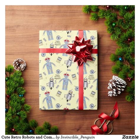 Cute Retro Robots And Computers Custom Message Wrapping Paper Holiday
