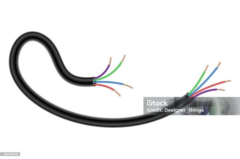 끊어진 전기 구리선 또는 코드 손상된 전원 케이블 노출 된 와이어로 찢어진 와이어 위험 전기 문제 컬러 전기 케이블 흰색 배경에 격리된 벡터 그림 3차원 형태에 대한 스톡