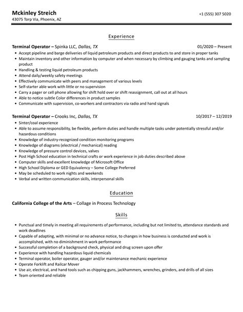 Terminal Operator Resume Samples Velvet Jobs