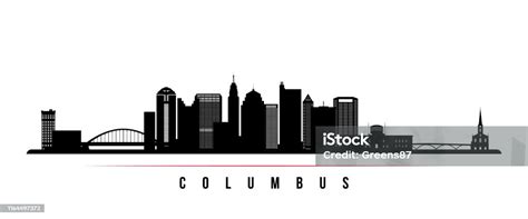 콜럼버스 시티 스카이 라인 수평 배너입니다 오하이오 주 콜럼버스 시의 흑백 실루엣 설계를 위한 벡터 템플릿입니다 콜럼버스 오하이오에 대한 스톡 벡터 아트 및 기타 이미지