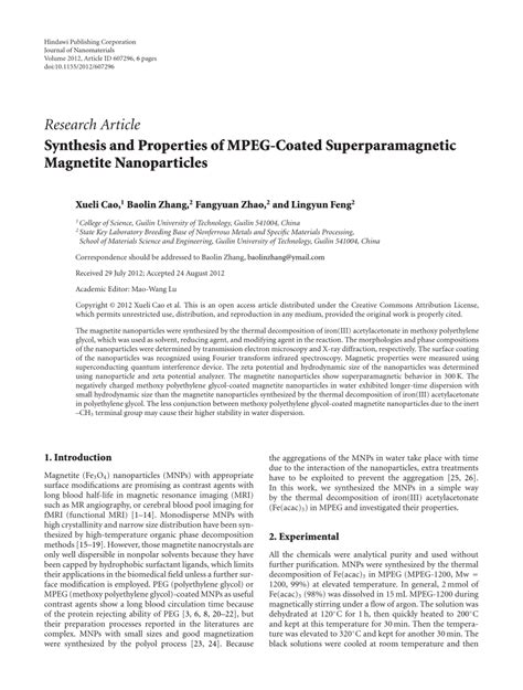 Pdf Synthesis And Properties Of Mpeg Coated Superparamagnetic Magnetite Nanoparticles