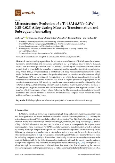 Pdf Microstructure Evolution Of A Ti 45al 85nb 02w 02b 002y Alloy During Massive