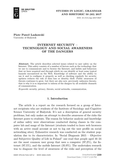 PDF INTERNET SECURITY TECHNOLOGY AND SOCIAL AWARENESS OF THE DANGERS