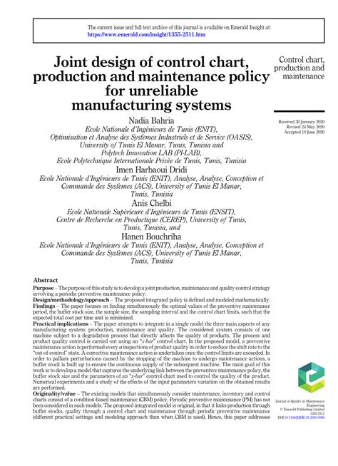 Pdf Joint Design Of Control Chart Production And Maintenance Policy For Unreliable