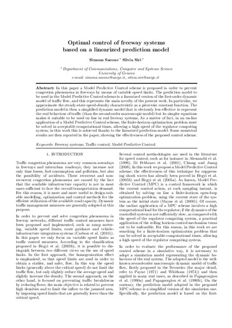 Pdf Optimal Control Of Freeway Systems Based On A Linearized