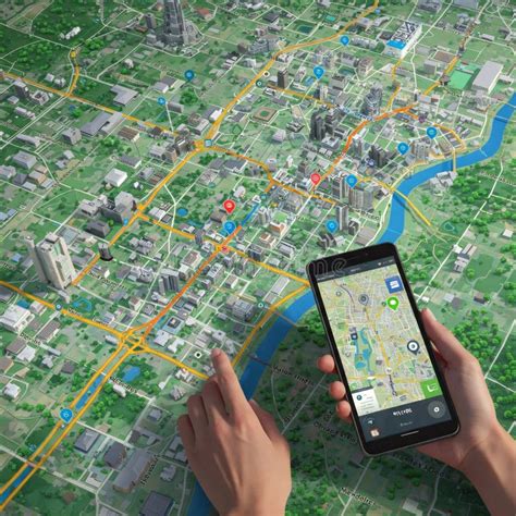 Person Using Gps Navigation App On Smartphone Over 3d City Map Stock Illustration Illustration