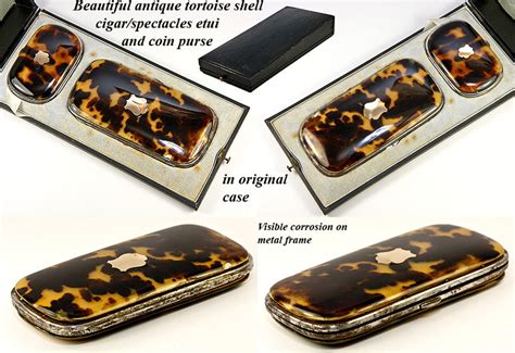 Boxed Set 2 Piece Set Antique French Tortoise Shell Cigar Case And Coi