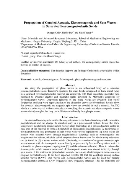 Pdf Propagation Of Coupled Acoustic Electromagnetic And Spin Waves