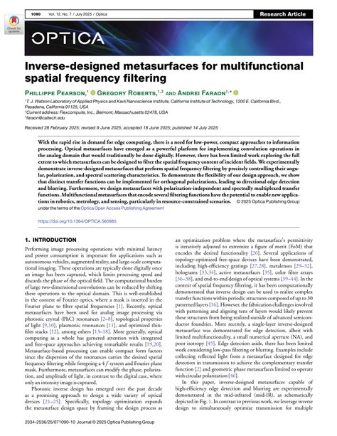 Pdf Inverse Designed Metasurfaces For Multifunctional Spatial Frequency Filtering