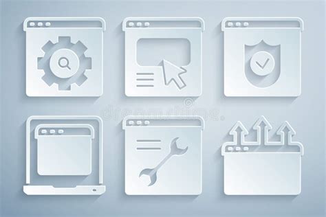 Set Browser Setting With Shield Laptop Browser Window Ui Or Ux Design And Icon Vector Stock