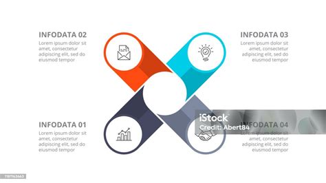 원이 있는 순환 다이어그램 인포그래픽 4 가지 옵션 단계 또는 부품이있는 현대적인 인포 그래픽 디자인 템플릿 비즈니스 프레젠테이션을 위한 플랫 벡터 일러스트레이션 0명에