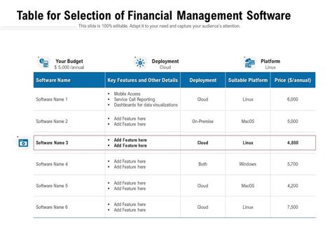 Table For Selection Of Financial Management Software Presentation Graphics Presentation