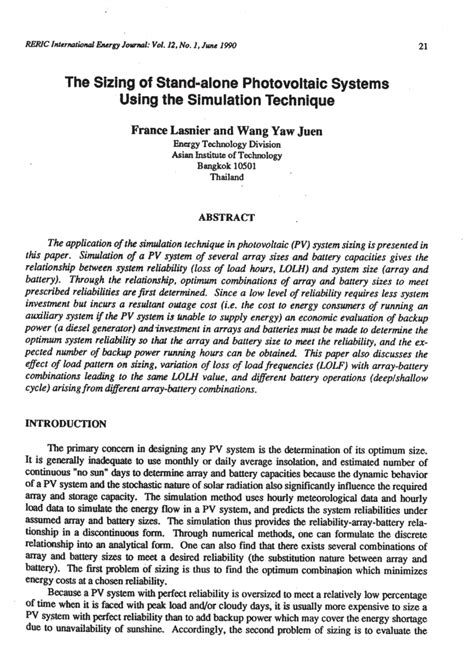 Pdf Sizing Of Stand Alone Photovoltaic Systems Using The Simulation Technique
