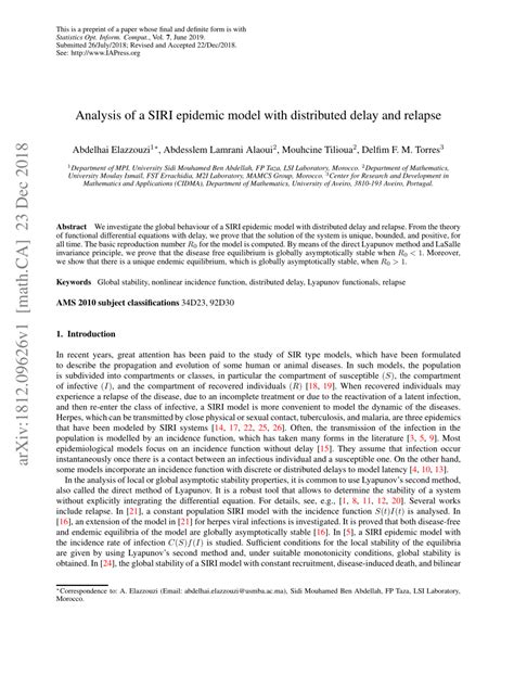 Pdf Analysis Of A Siri Epidemic Model With Distributed Delay And Relapse