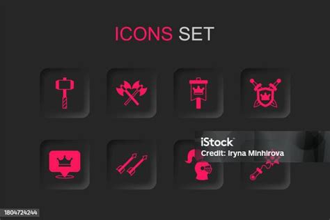 중세 화살 교차 중세 도끼 전투 망치 헬멧 칼 방패 철퇴 스파이크 깃발 및 왕관 아이콘을 설정합니다 벡터 강철에 대한 스톡 벡터 아트 및 기타 이미지 Istock