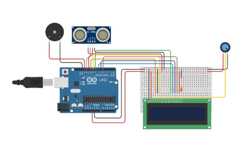 Circuit Design Ultra Sonic Sensor With Lcd And Buzzer Tinkercad