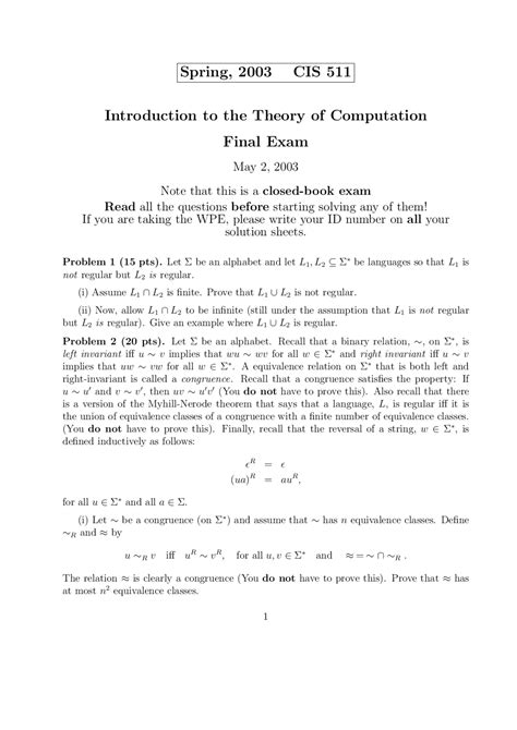 Final Exam Problems With Answers For Theory Of Computation Cis 511 Docsity