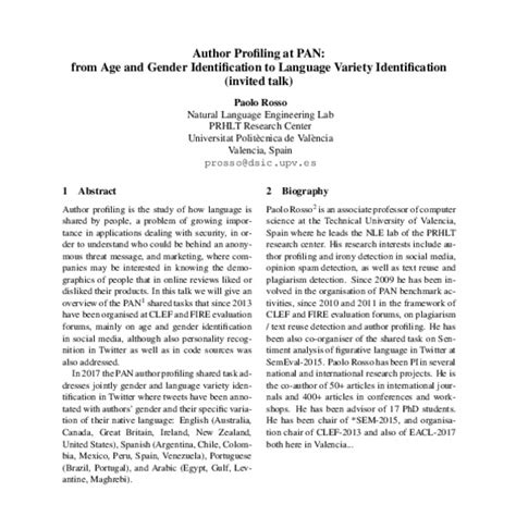 Author Profiling At Pan From Age And Gender Identification To Language