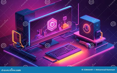 A 3d Isometric View Of A Computer Setup With A Glowing Hex Shaped Logo On The Monitor